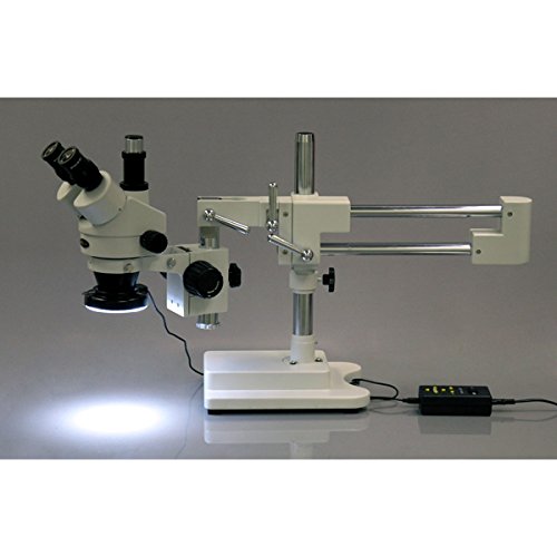 AmScope SM-4TZ-144A Professional Trinocular Stereo Zoom Microscope, WH10x Eyepieces, 3.5X-90X Magnification, 0.7X-4.5X Zoom Objective, Four-Zone LED Ring Light, Double-Arm Boom Stand, 110V-240V, Includes 0.5X and 2.0X Barlow Lens