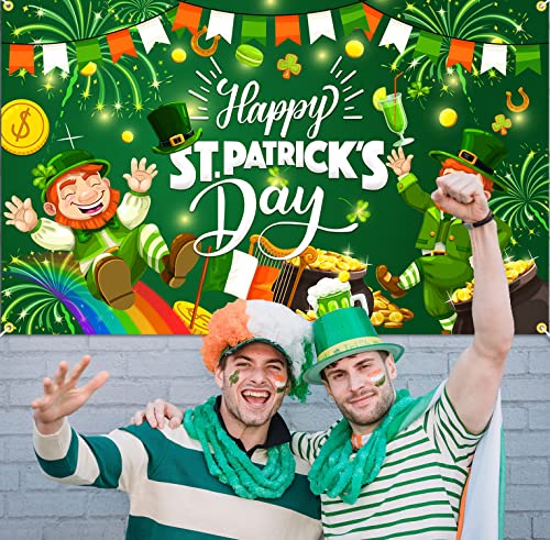 JKQ Happy St. Patrick's Day Backdrop Banner 71 x 43 Inch Large Size Saint Patrick's Day Background Banner Shamrock St. Patty's Day Party Decorations Irish Lucky Day Indoor Outdoor Photo Booth Props