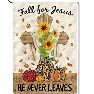 ORTIGIA Fall for Jesus Pumpkin Garden Flag He Never Leaves Christian Cross with Sunflowers Flag Vertical Double Sided Autumn Thanksgiving Harvest Farmhouse Seasonal Holiday Yard Décor 12x18inch