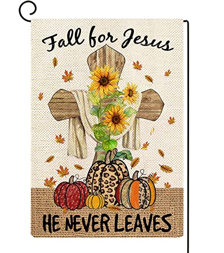 ORTIGIA Fall for Jesus Pumpkin Garden Flag He Never Leaves Christian Cross with Sunflowers Flag Vertical Double Sided Autumn Thanksgiving Harvest Farmhouse Seasonal Holiday Yard Décor 12x18inch