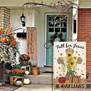 ORTIGIA Fall for Jesus Pumpkin Garden Flag He Never Leaves Christian Cross with Sunflowers Flag Vertical Double Sided Autumn Thanksgiving Harvest Farmhouse Seasonal Holiday Yard Décor 12x18inch