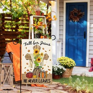 ORTIGIA Fall for Jesus Pumpkin Garden Flag He Never Leaves Christian Cross with Sunflowers Flag Vertical Double Sided Autumn Thanksgiving Harvest Farmhouse Seasonal Holiday Yard Décor 12x18inch