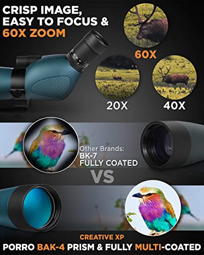 CREATIVE XP Spotting Scopes - 20x60 80mm HD Spotter Scope for Hunting, Target Shooting, Bird Watching, Astronomy - IP67 Waterproof Spotting Scope w/Photo Clicker, Tripod & Phone Adapter, Green