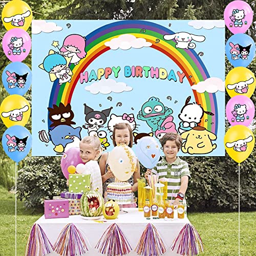 San-Rio Birthday Party Backdrop Decoration, Hello Kittty, Cinnamo-roll, Big-Eyed Frog, Little Twin Stars, Kurommi Theme Party Photo Background and 18Pcs Cinnamo-roll Balloons Party Supplies