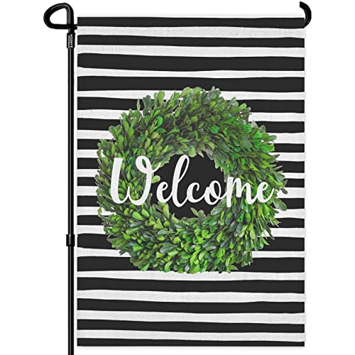 HOSNYE Boxwood Wreath Welcome Garden Flag 12x18 Inch Vertical Double Sided Black and White Stripes Background Garden Flags Rustic Farmhouse Yard Outdoor Decoration