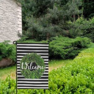 HOSNYE Boxwood Wreath Welcome Garden Flag 12x18 Inch Vertical Double Sided Black and White Stripes Background Garden Flags Rustic Farmhouse Yard Outdoor Decoration