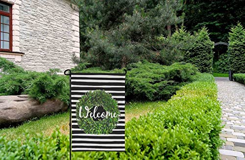 HOSNYE Boxwood Wreath Welcome Garden Flag 12x18 Inch Vertical Double Sided Black and White Stripes Background Garden Flags Rustic Farmhouse Yard Outdoor Decoration