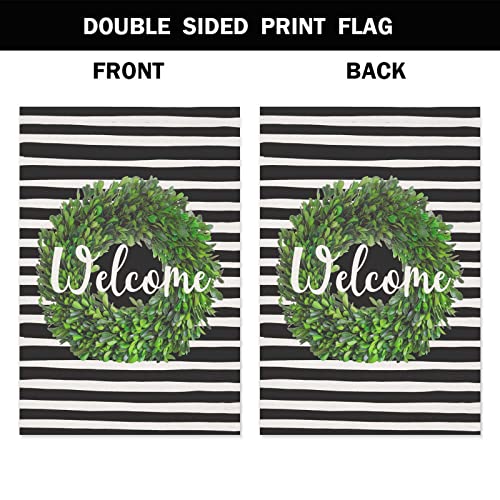 HOSNYE Boxwood Wreath Welcome Garden Flag 12x18 Inch Vertical Double Sided Black and White Stripes Background Garden Flags Rustic Farmhouse Yard Outdoor Decoration