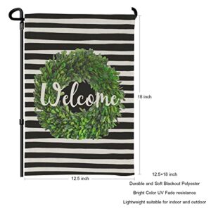 HOSNYE Boxwood Wreath Welcome Garden Flag 12x18 Inch Vertical Double Sided Black and White Stripes Background Garden Flags Rustic Farmhouse Yard Outdoor Decoration