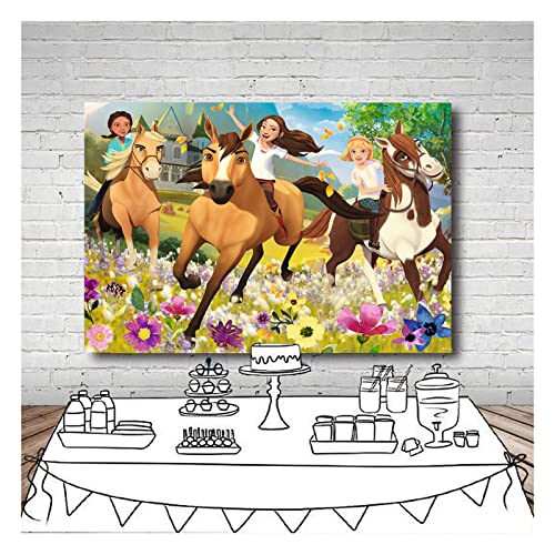 Spirit Riding Party Boys or Girl Birthday Party Photo Backdrops Spirit Horse Theme Photography Backdrops 5x3ft Dessert Cake Table Decor Supplies Kids Studio Video Shooting Props