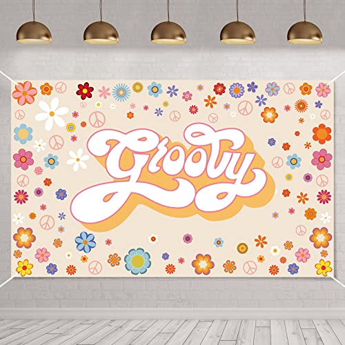 Groovy Party Backdrop Banner Hippie Birthday Two Groovy Party Decoration Daisy Flower Boho Party Photography Backdrop Groovy Party Supplies for Baby Shower, 70.8 x 43.3 Inch(Groovy Pattern)