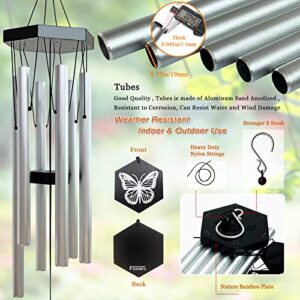 Fonmy Wind Chimes Outdoor w/Butterfly Sign Memorial Windchimes Great Wind Chime Gifts Soothing Melodic Tones & Bamboo/Aluminum Chime for Garden Home or Yard-31 Length Silver Chimes Hanging Decor.