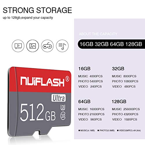 Micro SD Card 512GB Class 10 Memory Card 512GB High Speed TF Card 512GB with A SD Card Adapter for Android Smart-Phones,Tablets,Camera,Drone,Dash Cam