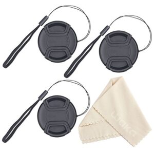 waka unique design lens cap bundle, 3 pcs 55mm center pinch lens cap and cap keeper leash for canon nikon sony dslr camera + microfiber cleaning cloth