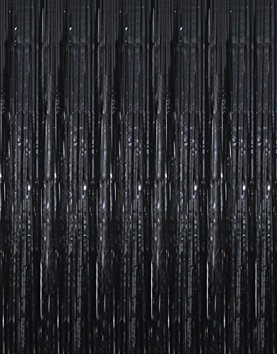 GOER 6.4 ft x 9.8 ft Metallic Tinsel Foil Fringe Curtains,Pack of 2 Party Streamer Backdrop for Birthday,Graduation Decorations and New Year Eve (Black)