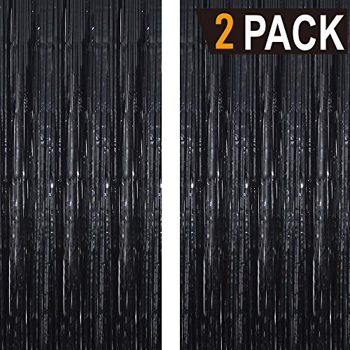 GOER 6.4 ft x 9.8 ft Metallic Tinsel Foil Fringe Curtains,Pack of 2 Party Streamer Backdrop for Birthday,Graduation Decorations and New Year Eve (Black)