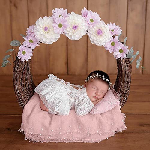 SPOKKI 2 PCS Baby Props Photography Wrap Kit, Newborn Photography Props, Handmade Pearl Wrap Blanket for Baby Photo Props with Pearl Headband, 35.5 X 67 inch Newborn Outfits for Photography (Pink)