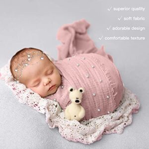 SPOKKI 2 PCS Baby Props Photography Wrap Kit, Newborn Photography Props, Handmade Pearl Wrap Blanket for Baby Photo Props with Pearl Headband, 35.5 X 67 inch Newborn Outfits for Photography (Pink)