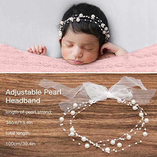 SPOKKI 2 PCS Baby Props Photography Wrap Kit, Newborn Photography Props, Handmade Pearl Wrap Blanket for Baby Photo Props with Pearl Headband, 35.5 X 67 inch Newborn Outfits for Photography (Pink)