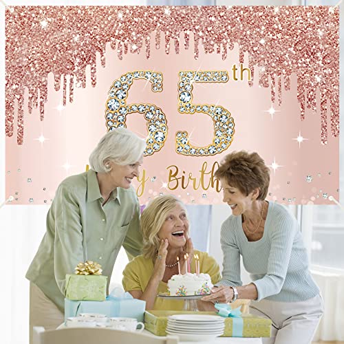 Happy 65th Birthday Banner Backdrop Decorations for Women, Rose Gold 65 Birthday Party Sign Supplies, Pink 65 Year Old Birthday Poster Background Photo Booth Props Decor