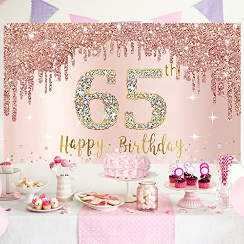 Happy 65th Birthday Banner Backdrop Decorations for Women, Rose Gold 65 Birthday Party Sign Supplies, Pink 65 Year Old Birthday Poster Background Photo Booth Props Decor