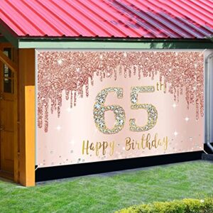 Happy 65th Birthday Banner Backdrop Decorations for Women, Rose Gold 65 Birthday Party Sign Supplies, Pink 65 Year Old Birthday Poster Background Photo Booth Props Decor