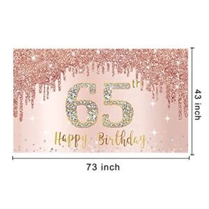 Happy 65th Birthday Banner Backdrop Decorations for Women, Rose Gold 65 Birthday Party Sign Supplies, Pink 65 Year Old Birthday Poster Background Photo Booth Props Decor