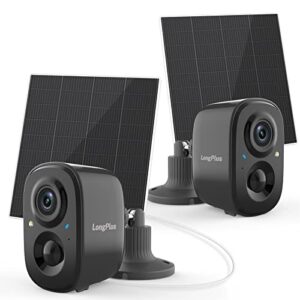 longplus security cameras wireless outdoor, 2 pack solar camera security outdoor, 1080p color night vision, wireless home security cameras with solar panel, spotlight/alarm, ai detection, 2-way talk