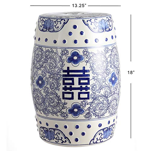 JONATHAN Y TBL1013A Double Happiness 18" Chinoiserie Ceramic Drum Garden Stool Bohemian, Coastal, Classic, Cottage, French Country, Traditional, Transitional, Bathroom, Garden Room, Patio, Blue/White