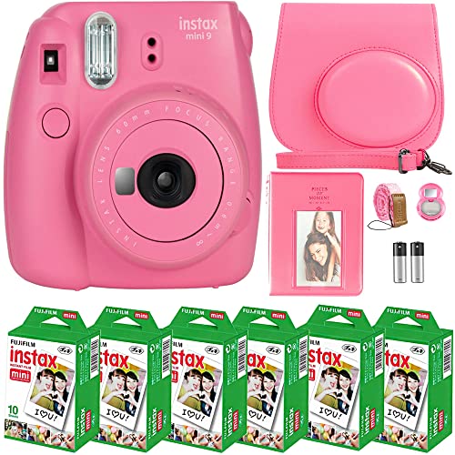 FujiFilm Instax Mini 9 Instant Camera + Fujifilm Instax Mini Film (60 Sheets) Bundle with Deals Number One Accessories Including Carrying Case, Selfie Lens, Photo Album (Flamingo Pink)