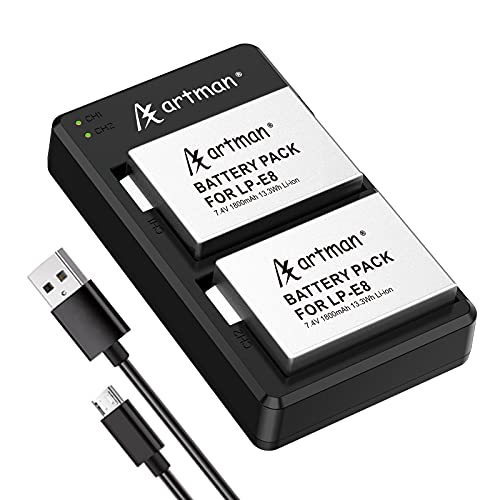 Artman LP-E8 Battery and Rapid Dual USB Charger kit for Fully Compatible with Canon EOS Rebel T3i T2i T4i T5i, EOS 600D 550D 650D 700D, Kiss X4 X5 X6 X7, LC-E8E Digital Cameras(2-Pack 1800mAh)