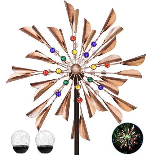 Kinetic Wind Spinners with Solar Powered Glass Ball, 79 Inches Outdoor Metal Large Wind Sculptures & Double Windmill Spinner, for Outdoor Yard Lawn Garden Decorations