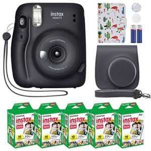 fujifilm instax mini 11 instant camera charcoal gray + minimate accessory bundle & compatible custom case + fuji instax film value pack (50 sheets) flamingo designer photo album