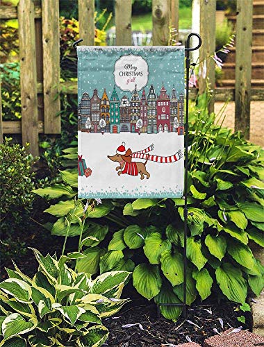 GROOTEY Welcome Garden Flag Home Yard Decorative 12X18 Inches Christmas Card European Color Houses Dog Double Sided Seasonal Garden Flags Kids Christmas Flag