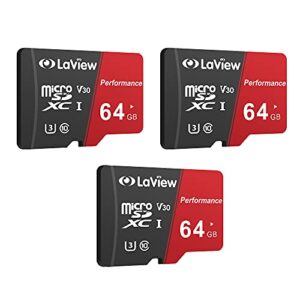 laview 64gb micro sd card 3 pack, micro sdxc uhs-i memory card – 95mb/s,633x,u3,c10, full hd video v30, a1, fat32, high speed flash tf card p500 for computer with adapter/phone/tablet/pc