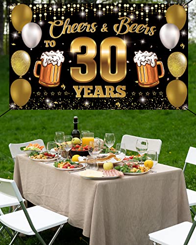 HTDZZI Cheers & Beers to 30 Years Backdrop Banner, Happy 30th Birthday Decorations for Men Women, 30th Anniversary Decor, Black Gold 30 Year Old Birthday Party Sign Poster Supplies, 6.1ft x 3.6ft