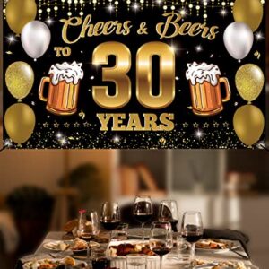 HTDZZI Cheers & Beers to 30 Years Backdrop Banner, Happy 30th Birthday Decorations for Men Women, 30th Anniversary Decor, Black Gold 30 Year Old Birthday Party Sign Poster Supplies, 6.1ft x 3.6ft