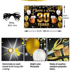 HTDZZI Cheers & Beers to 30 Years Backdrop Banner, Happy 30th Birthday Decorations for Men Women, 30th Anniversary Decor, Black Gold 30 Year Old Birthday Party Sign Poster Supplies, 6.1ft x 3.6ft