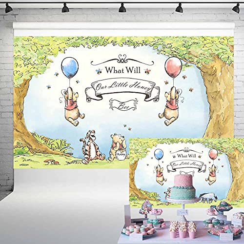 Smile World Winnie Bear Gender Reveal Backdrop Classic Pooh Spring Tree Style Baby Shower Decorations Background Party Banner for Cake Table 5x3 ft 64