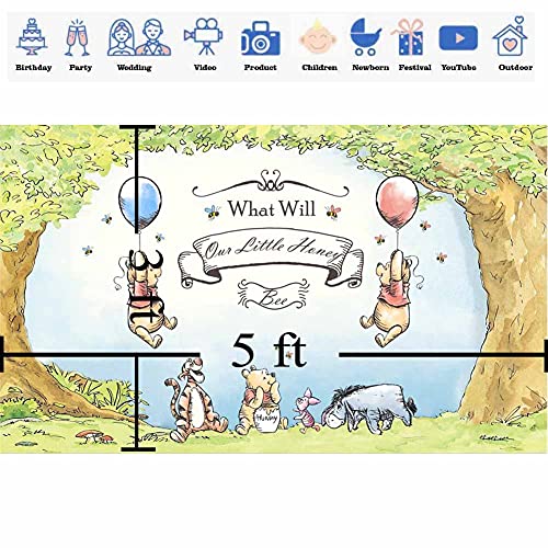 Smile World Winnie Bear Gender Reveal Backdrop Classic Pooh Spring Tree Style Baby Shower Decorations Background Party Banner for Cake Table 5x3 ft 64