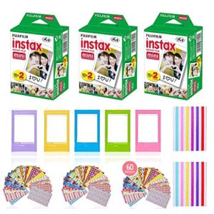 fujifilm instax mini instant film (3 pack, 60 sheets) 5 plastic desk frames, 60 sticker frames, 10 hanging creative frames, 1 pack corner stickers.