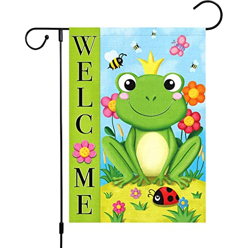 Louise Maelys Welcome Spring Summer Frog Garden Flags, Burlap Small Hello Summer Garden Yard House Flag Banner for Outside 12x18 Double Sided Vertical Seasonal Outdoor Decoration (ONLY FLAG)