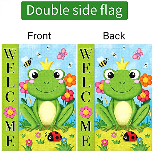 Louise Maelys Welcome Spring Summer Frog Garden Flags, Burlap Small Hello Summer Garden Yard House Flag Banner for Outside 12x18 Double Sided Vertical Seasonal Outdoor Decoration (ONLY FLAG)