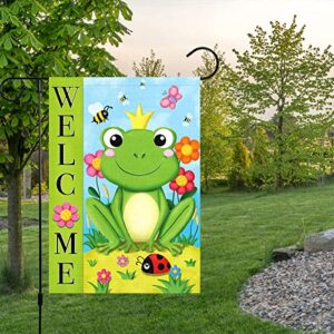 Louise Maelys Welcome Spring Summer Frog Garden Flags, Burlap Small Hello Summer Garden Yard House Flag Banner for Outside 12x18 Double Sided Vertical Seasonal Outdoor Decoration (ONLY FLAG)