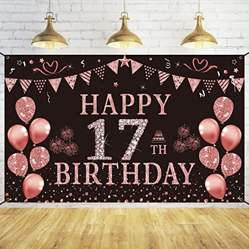 Trgowaul Happy 17th Birthday Decorations for Girls - Pink Rose Gold 17 Birthday Backdrop Banner，Seventeen Year Old Birthday Party Supply Photography Background Birthday Sign Poster Decor Gift Daughter