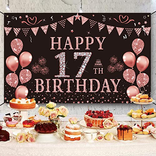 Trgowaul Happy 17th Birthday Decorations for Girls - Pink Rose Gold 17 Birthday Backdrop Banner，Seventeen Year Old Birthday Party Supply Photography Background Birthday Sign Poster Decor Gift Daughter