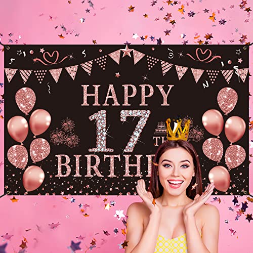 Trgowaul Happy 17th Birthday Decorations for Girls - Pink Rose Gold 17 Birthday Backdrop Banner，Seventeen Year Old Birthday Party Supply Photography Background Birthday Sign Poster Decor Gift Daughter