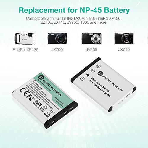 FirstPower NP-45/NP-45A/NP-45S Battery (X2) and Dual Charger for Fujifilm INSTAX Mini 90 Fuji FinePix XP140 XP130 XP120 XP90 XP80 XP70 XP60 XP30 XP20 T560 T550 T510 T500 T400 T360