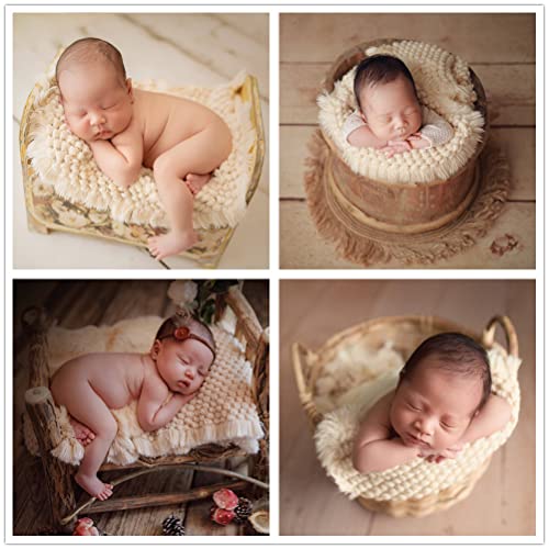 Baby Photography Props Basket Braid Wool Wrap Newborn Photo Shoot Baskets Filler Posing Stuffer Background Blanket (Beige)