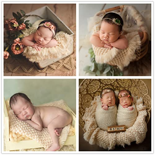 Baby Photography Props Basket Braid Wool Wrap Newborn Photo Shoot Baskets Filler Posing Stuffer Background Blanket (Beige)